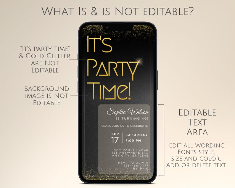 Black and Gold Party Invitation Template Editable Birthday Evite ...