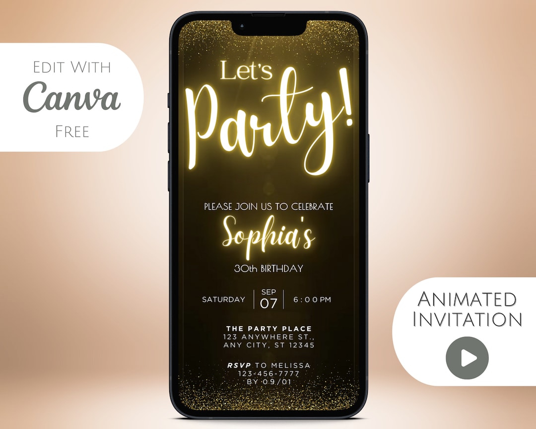Animated Party Invitation Template Black Gold Editable Video Invite ...