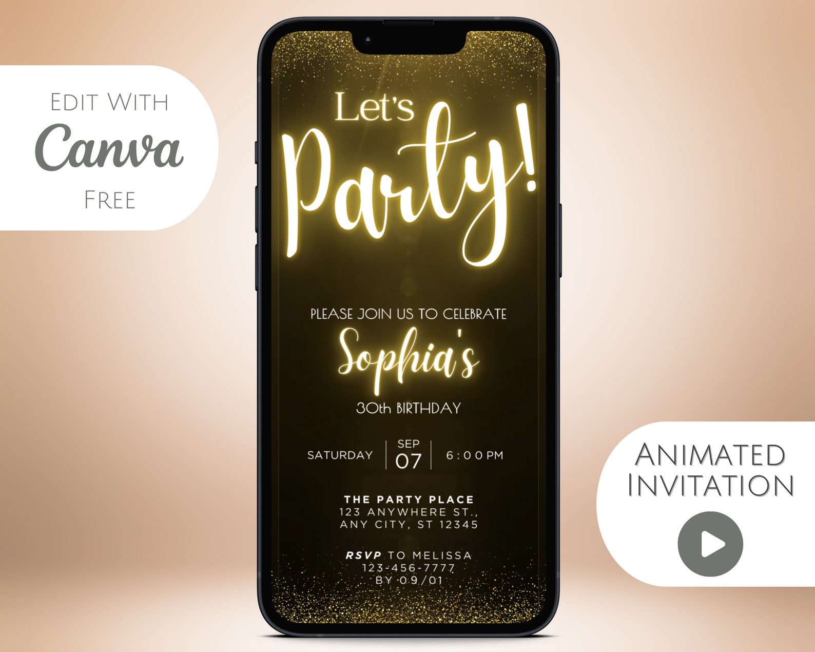 Animated Party Invitation Template Black Gold Editable Video Invite ...