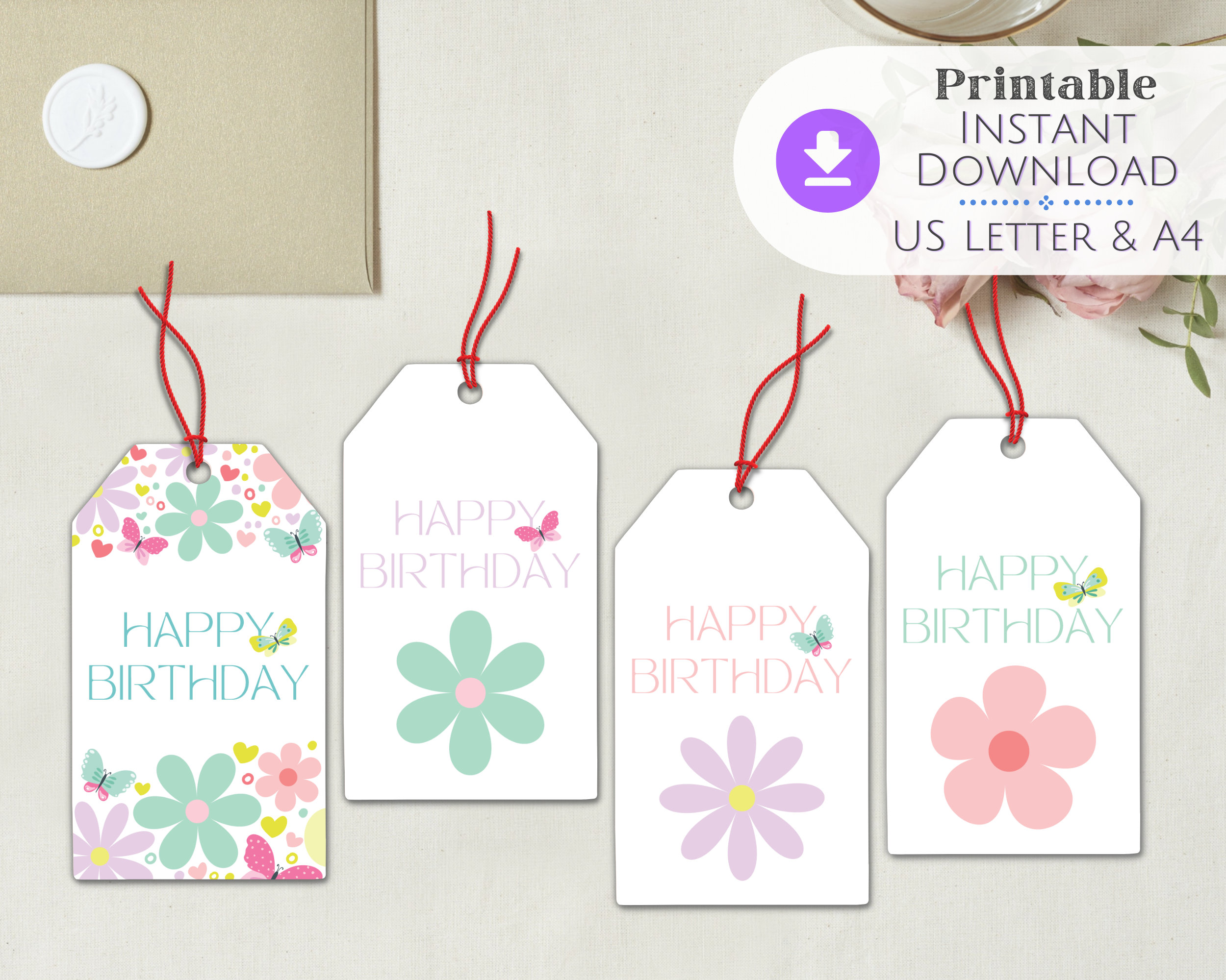 Printable Happy Birthday Tag, Birthday Gift Tag, Floral Birthday Tags ...
