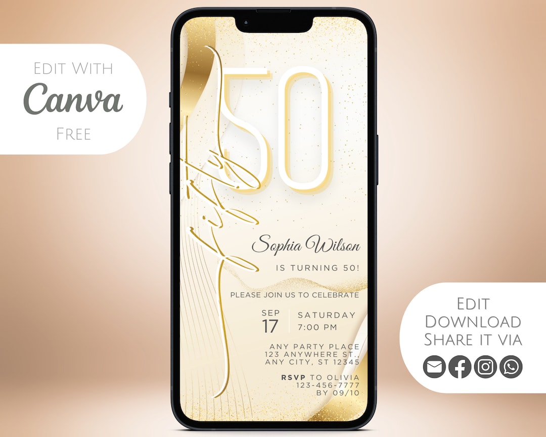 50th Birthday Invitation Template: White and Gold, Editable Evite ...