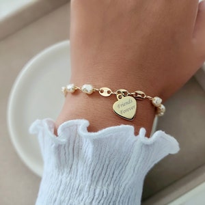 Personalized Heart Charm Bracelet, Pearl Bracelet, Name Bracelet ...