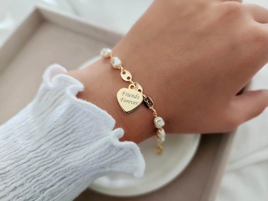 Personalized Heart Charm Bracelet, Pearl Bracelet, Name Bracelet ...