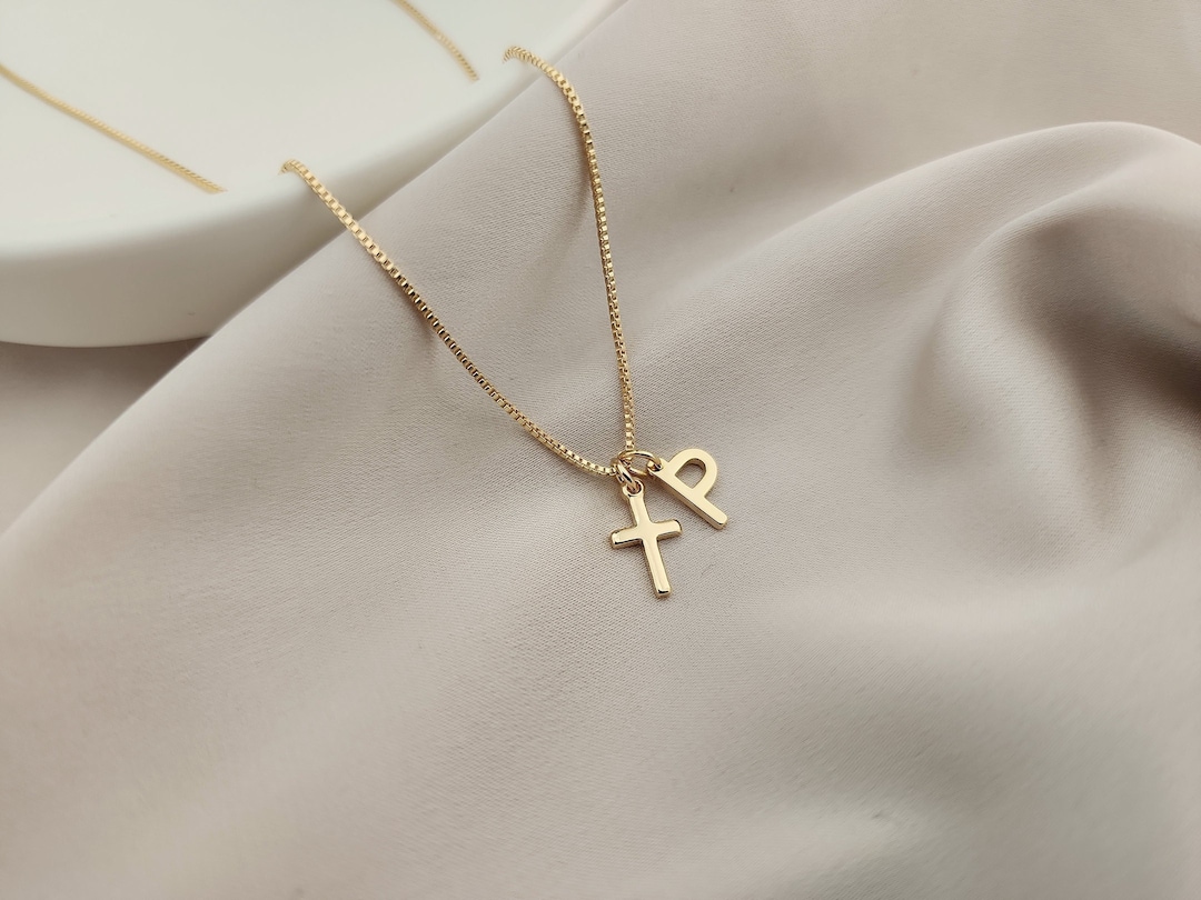 Gold Initial Cross Necklace: Dainty Baptism Gift for Kids - Etsy