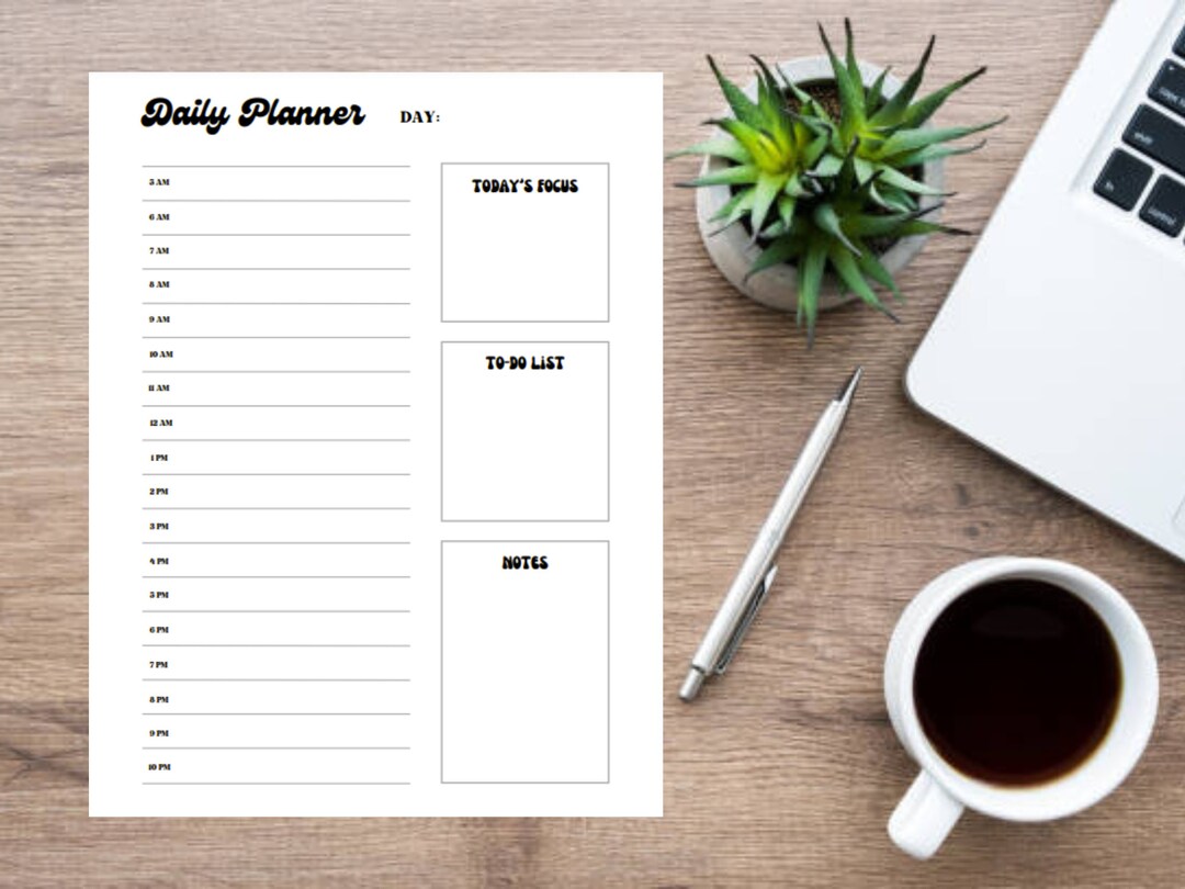 Simple Daily Planner Template- Retro Black + White | Digital PDF - Etsy