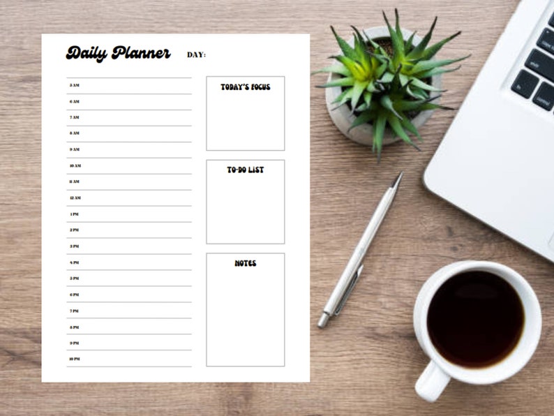 Simple Daily Planner Template- Retro Black + White | Digital PDF - Etsy