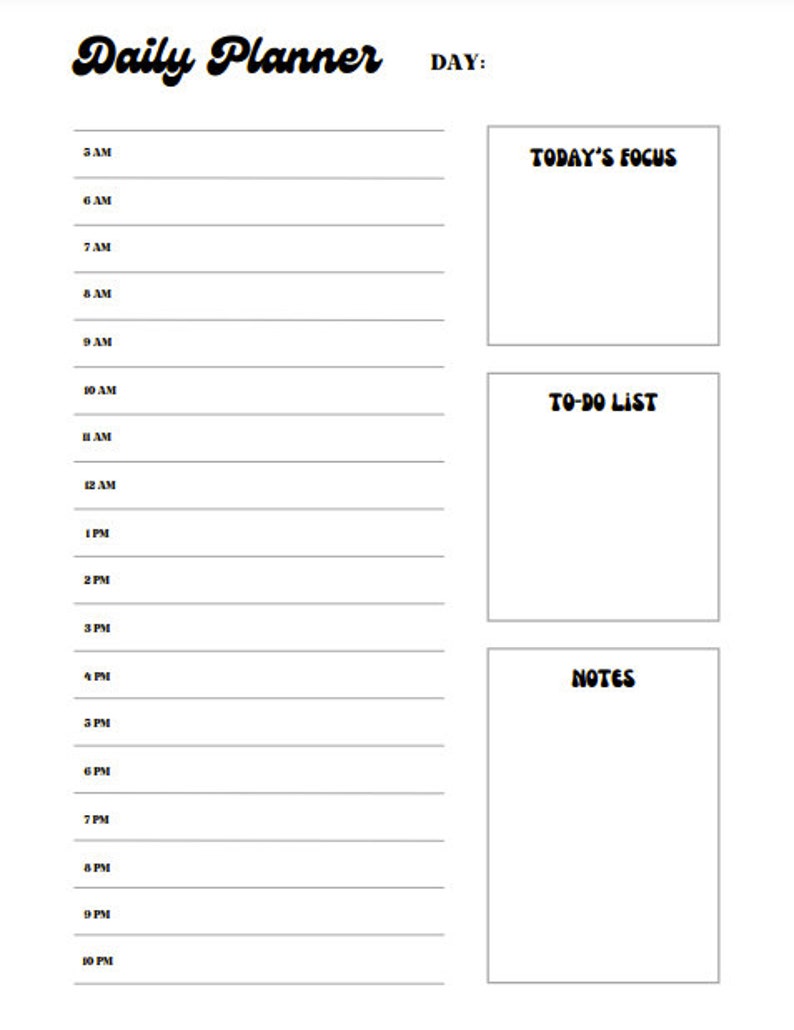 Simple Daily Planner Template- Retro Black + White | Digital PDF - Etsy