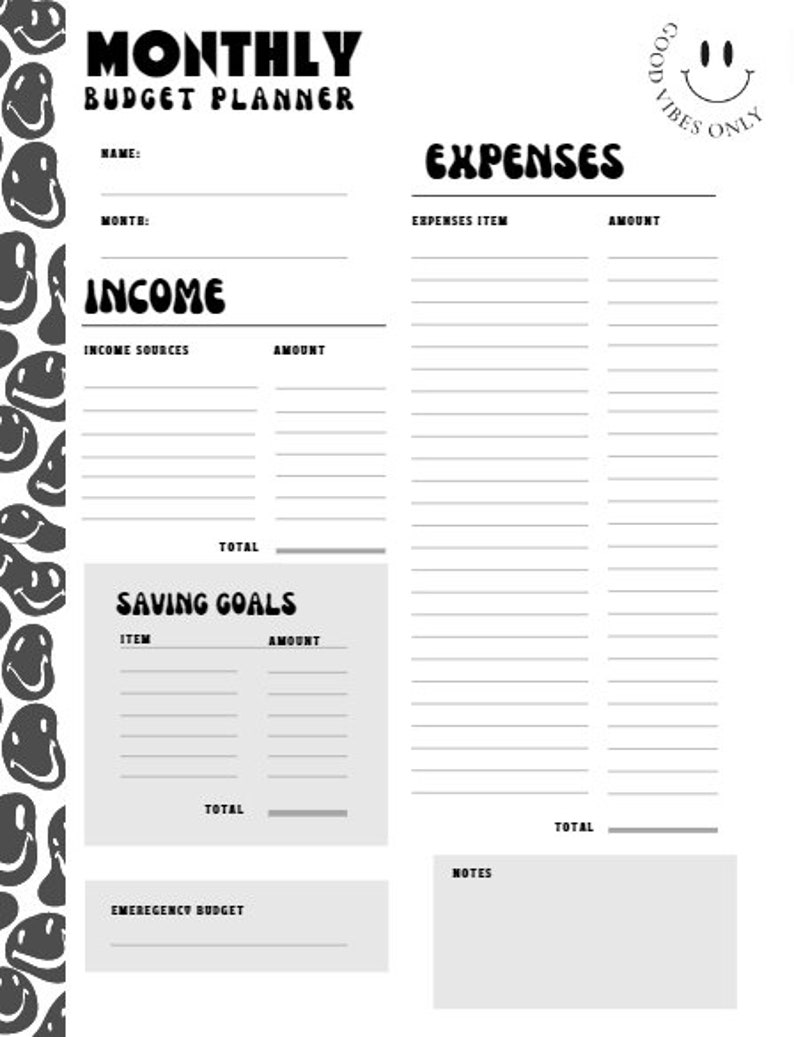 Monthly Budget Planner- Retro Happy Face | Digital PDF - Etsy
