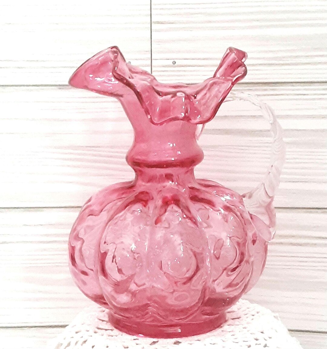 Fenton Glass 1940s Vintage Ruby Overlay 6 Double Crimped Melon Shaped ...