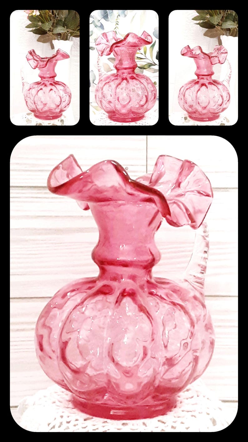 Fenton Glass 1940s Vintage Ruby Overlay 6 Double Crimped Melon Shaped ...