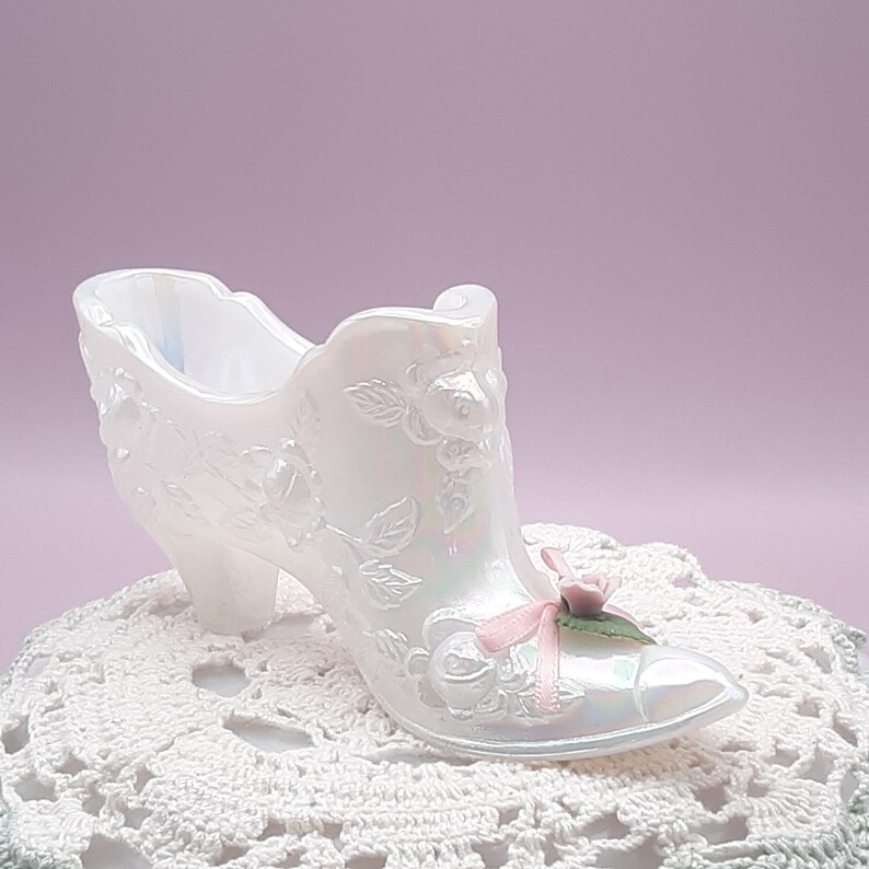 Vintage Fenton Iridescent Milk Glass Slipper Shoe With Raised Pink Rose ...