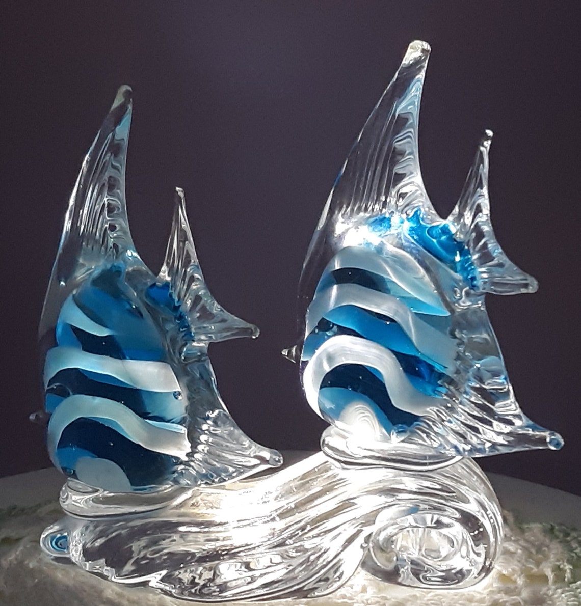 Murano style Pair of White and Aqua Blue Glass Angle Fish on a Wave - Etsy