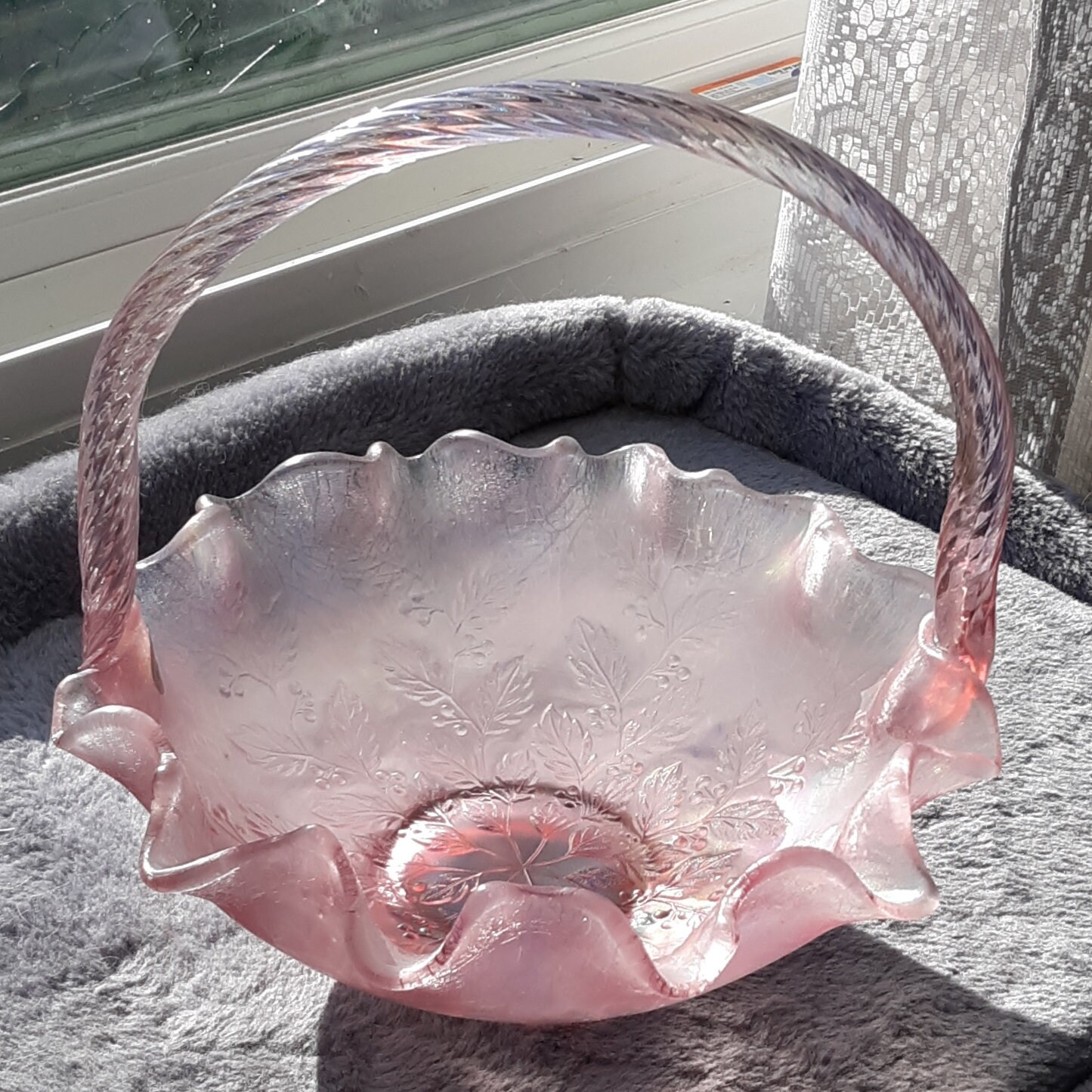 Vintage Fenton Pedal Pink Satin Basket in Holly and Berry Pattern - Etsy