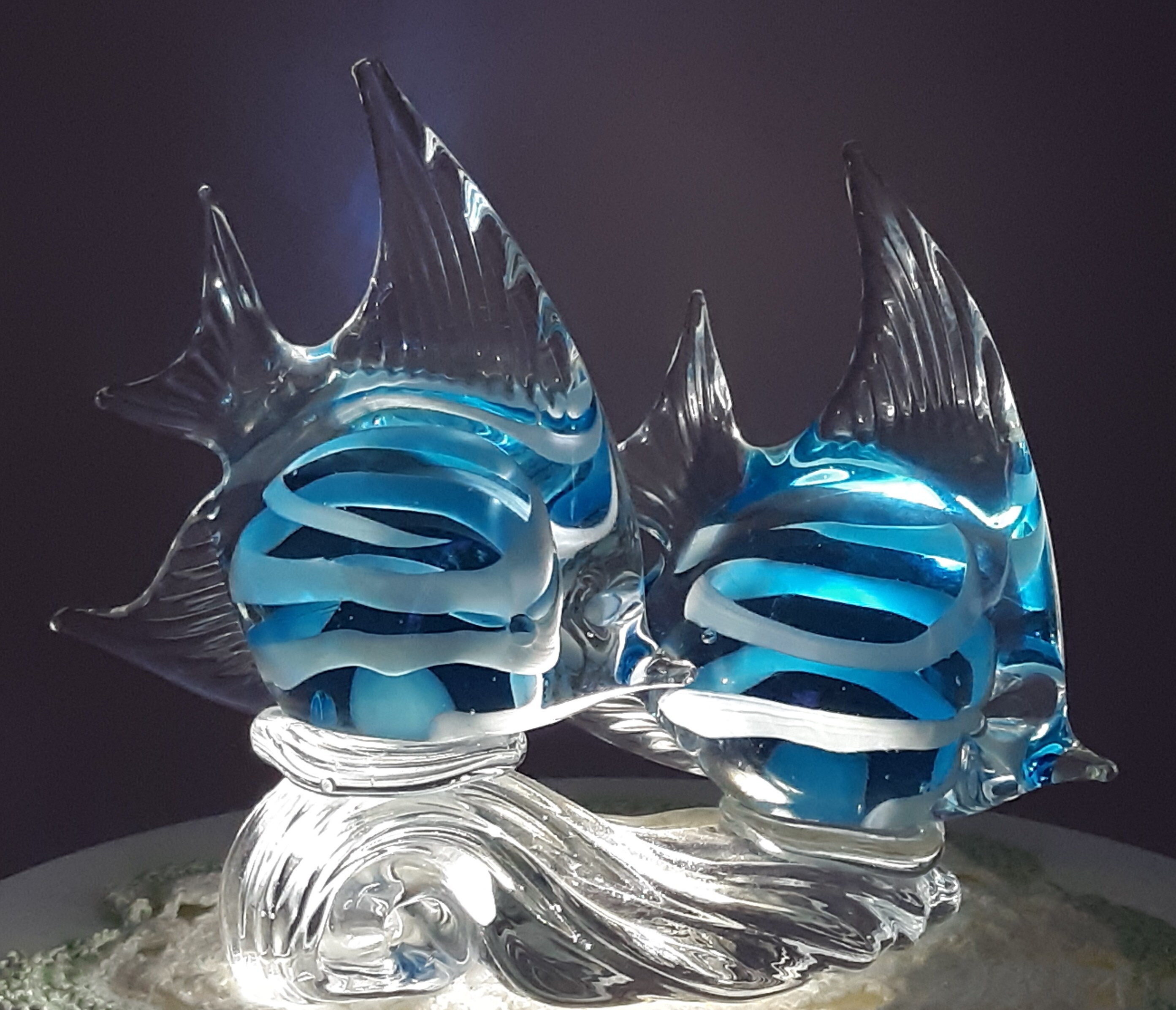 Murano style Pair of White and Aqua Blue Glass Angle Fish on a Wave - Etsy