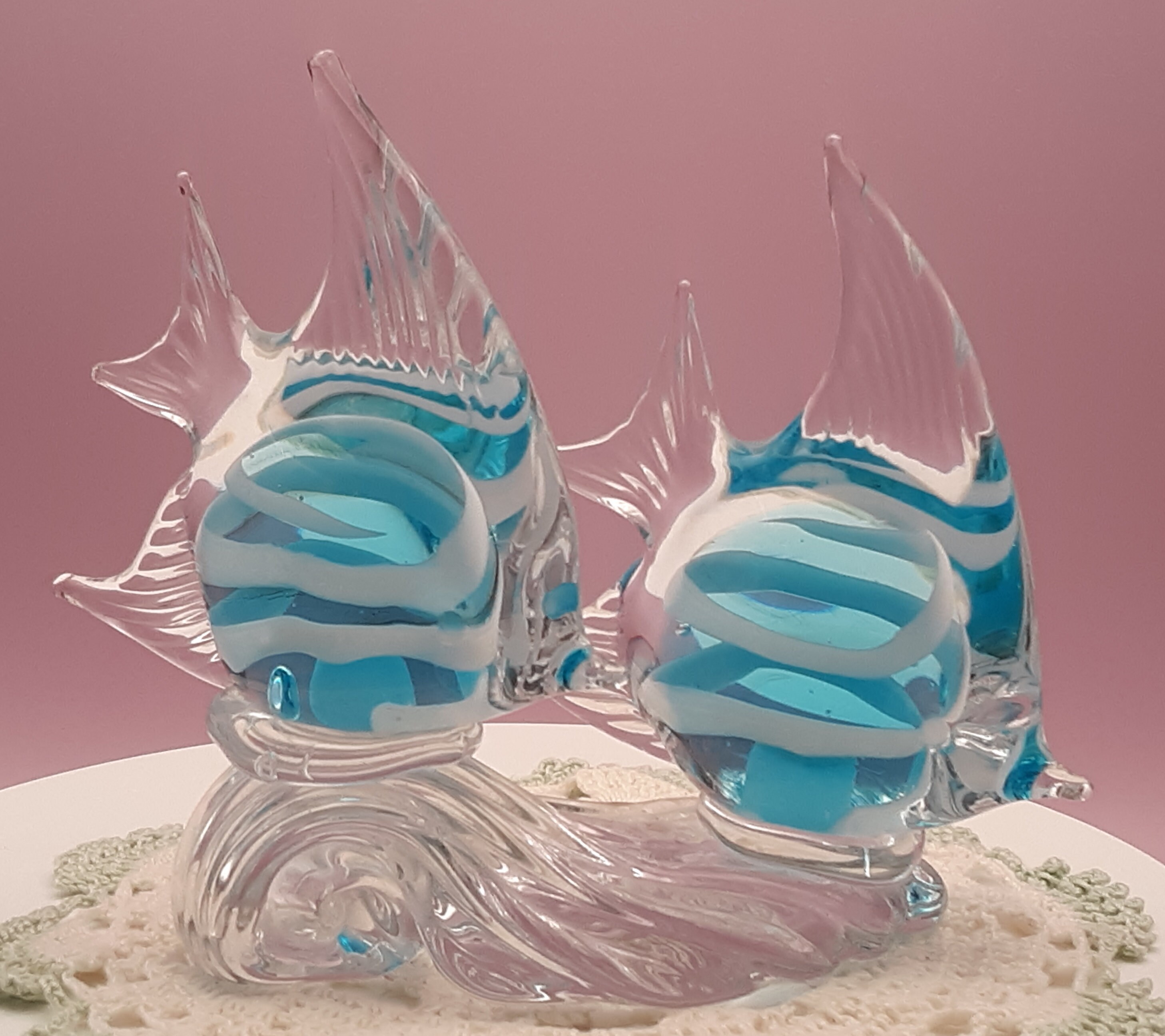 Murano style Pair of White and Aqua Blue Glass Angle Fish on a Wave - Etsy