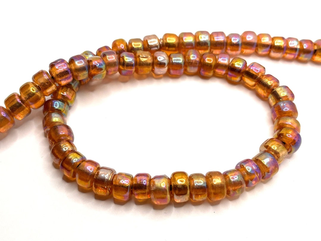 PEACH GLASS CROW Beads, 9x6mm Vintage Iridescent Iris A/B Rondelle ...