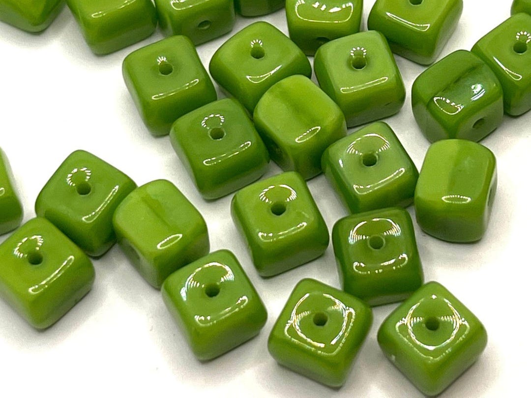 Green Glass Cube Beads, 20 Czech 9x6mm Opaque Beads for Jewelry Making ...