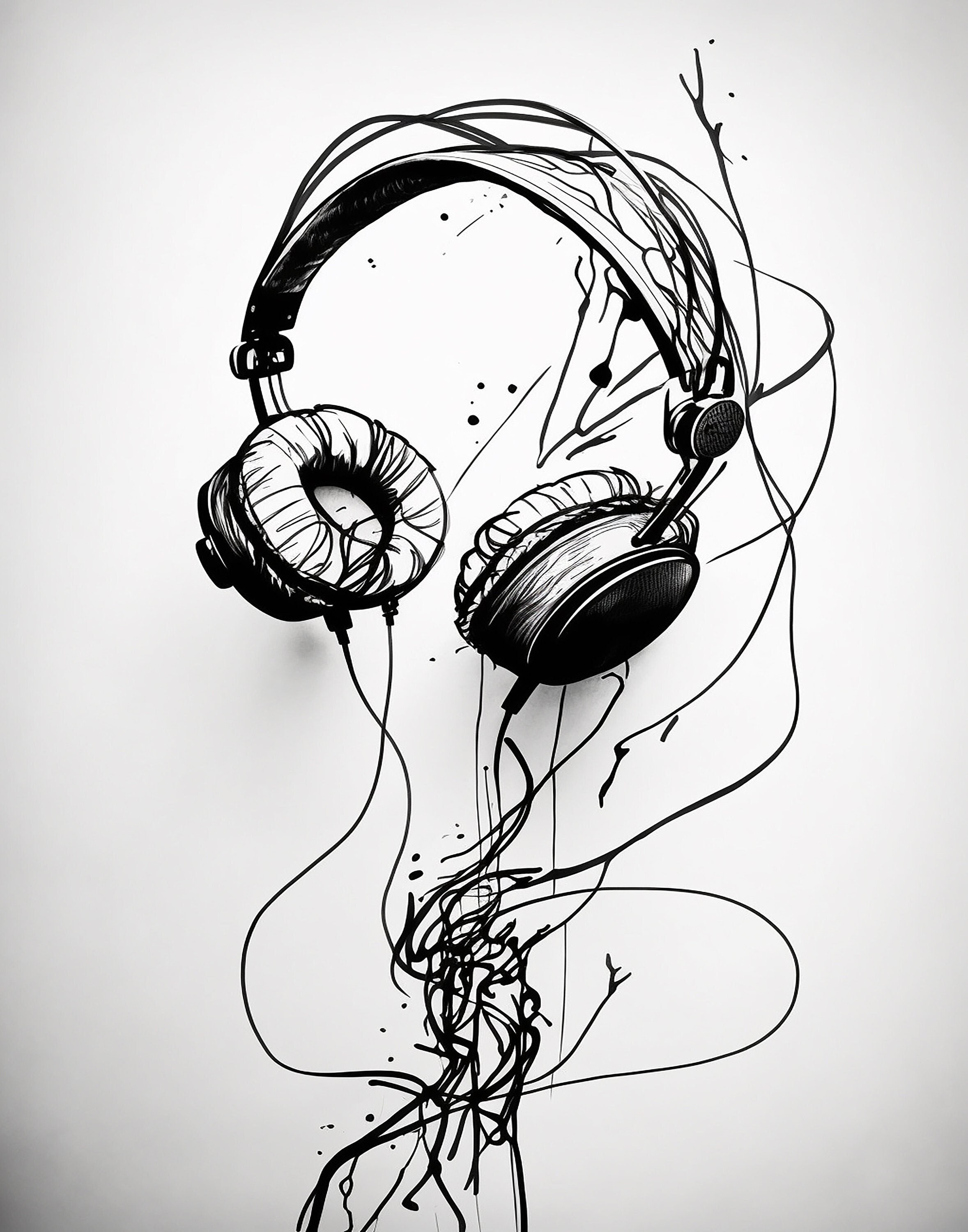 Headphones, Continuous Line Art, Wall Decor, Art, Music, Audio, Black ...