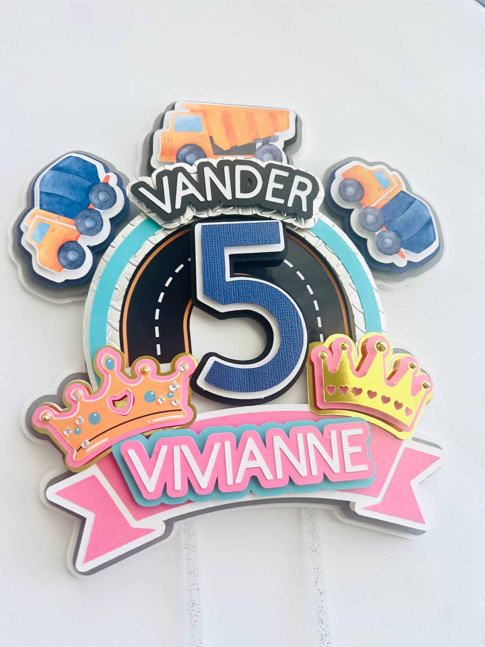 Trucks and Tiaras Themed Cake Topper Girl and Boy Birthday Party Decor ...