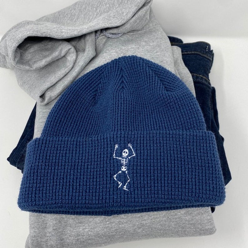 Dancing Skeleton, Chunky Waffle Beanie Embroidered Gift Deep Black ...