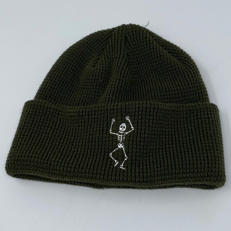 Dancing Skeleton, Chunky Waffle Beanie Embroidered Gift Deep Black ...