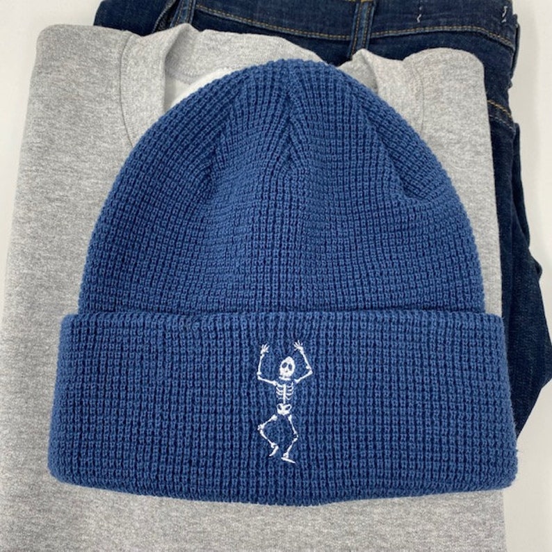 Dancing Skeleton, Chunky Waffle Beanie Embroidered Gift Deep Black ...