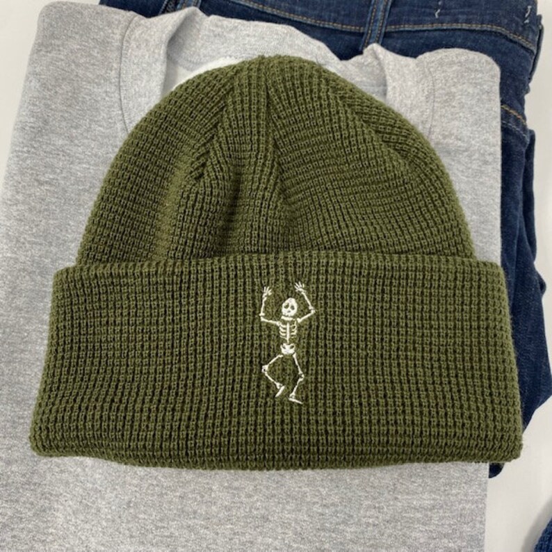 Dancing Skeleton, Chunky Waffle Beanie Embroidered Gift Deep Black ...