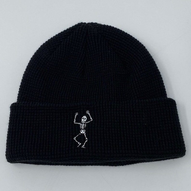 Dancing Skeleton, Chunky Waffle Beanie Embroidered Gift Deep Black ...