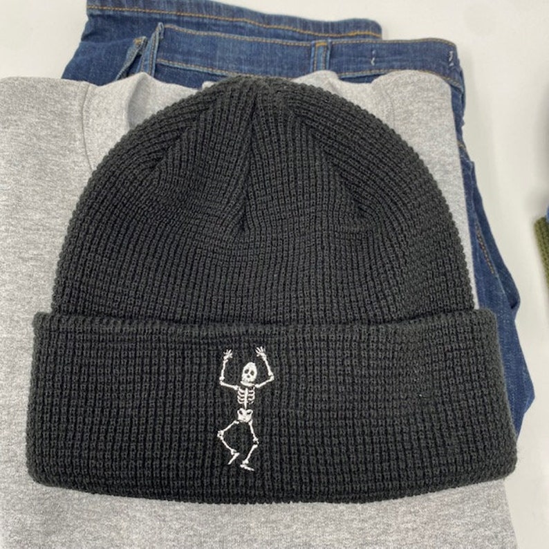 Dancing Skeleton, Chunky Waffle Beanie Embroidered Gift Deep Black ...