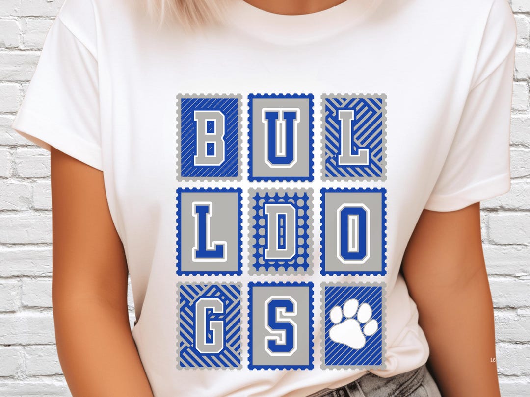 Bulldogs Mascot Postage Stamp PNG: Blue and White School Spirit Design ...