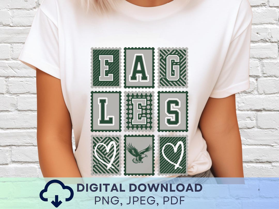Eagles Mascot Postage Stamp PNG: Green and White School Spirit Design ...