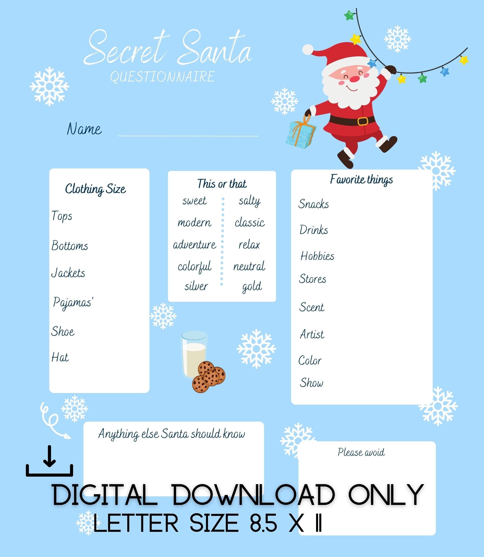 Secret Santa Questionnaire Christmas Gift Ideas - Etsy