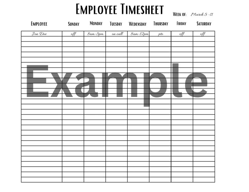 Employee Timesheet Work Log Employee Hours Employee Schedule - Etsy