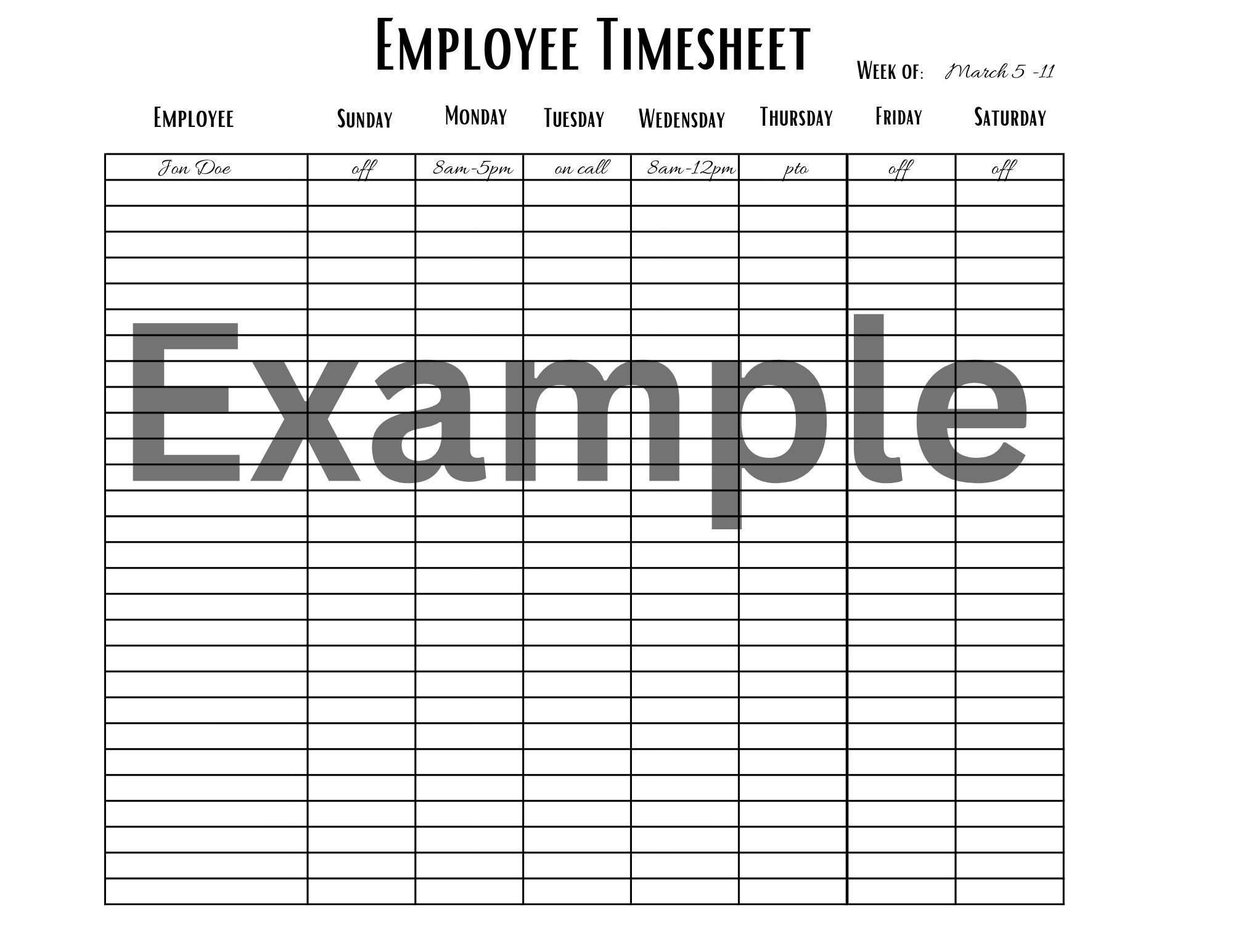Employee Timesheet Work Log Employee Hours Employee Schedule - Etsy