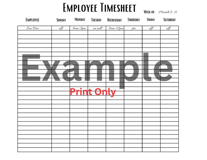 Employee Timesheet Work Log Employee Hours Employee Schedule - Etsy