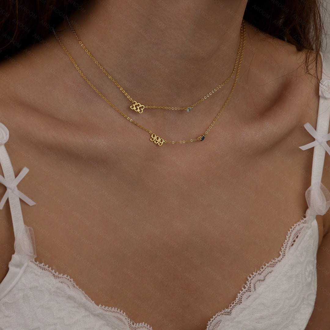 Custom 333 Angel Number Necklace With Aquamarine Gemstone Chain ...