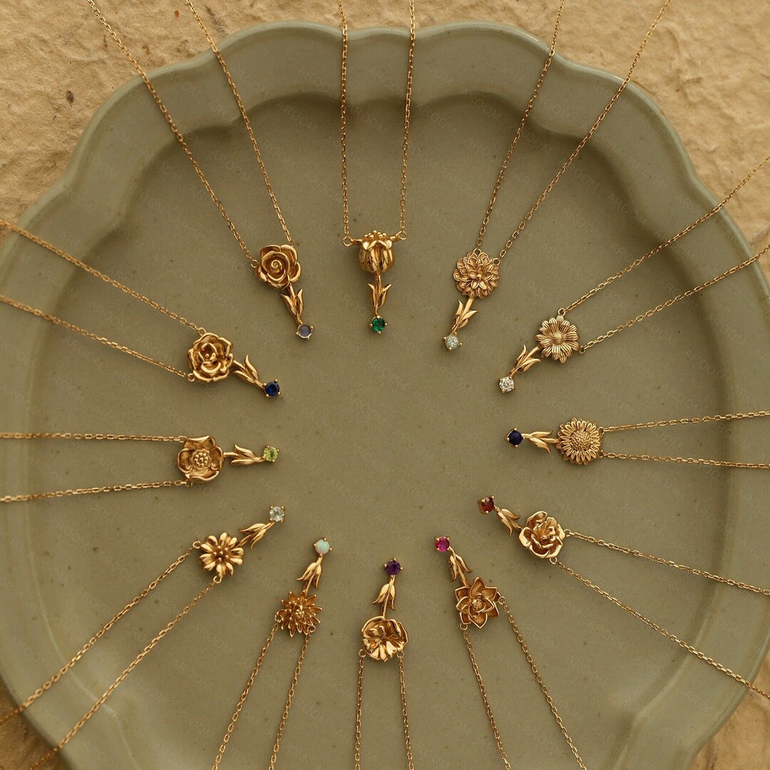 Vintage Birth Flower Gemstones Necklace in 14K Gold Birth Month ...