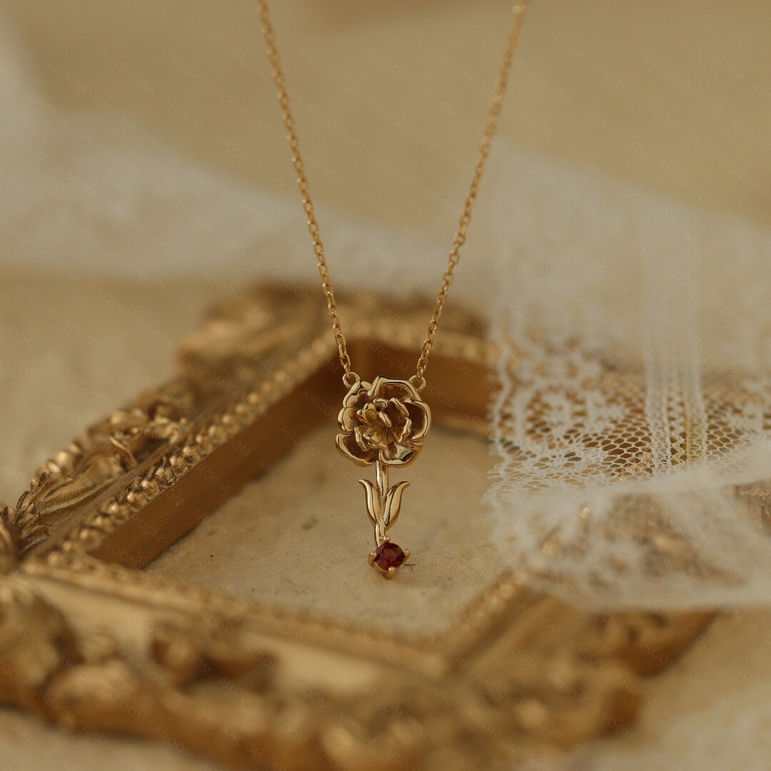 Dainty Carnation Garnet Pendant Necklace in 14k Gold January Birth ...