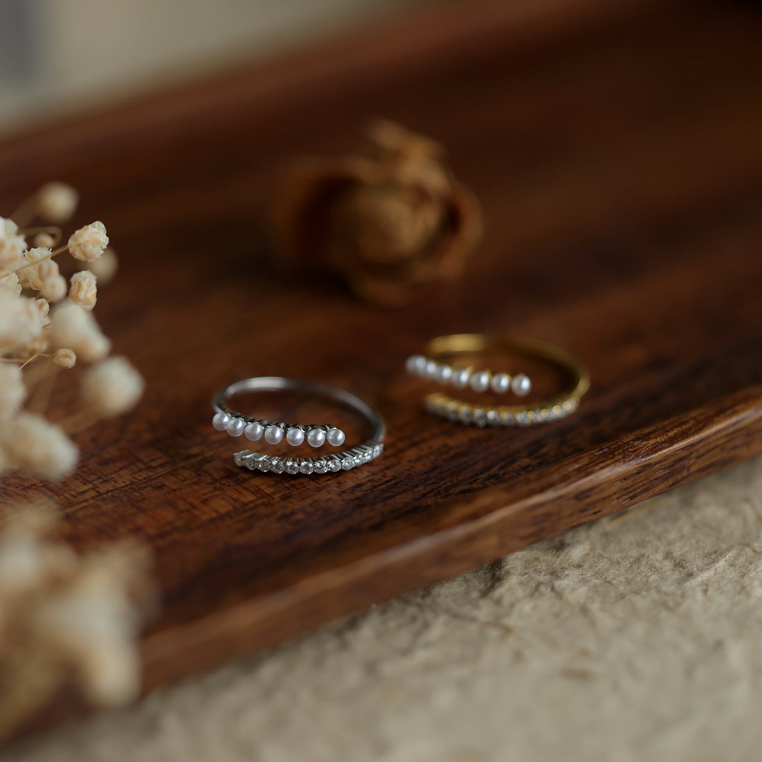 Delicate Mini Pearl Ring in 18k Gold, Stackable Adjustable Ring, Everyday Ring, Silver Thin Ring ...