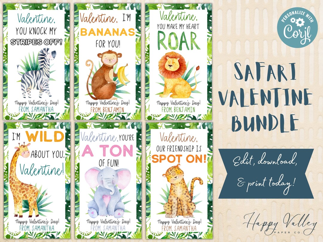 Safari Animal Valentine Cards: Printable Classroom Gift Tags (instant ...
