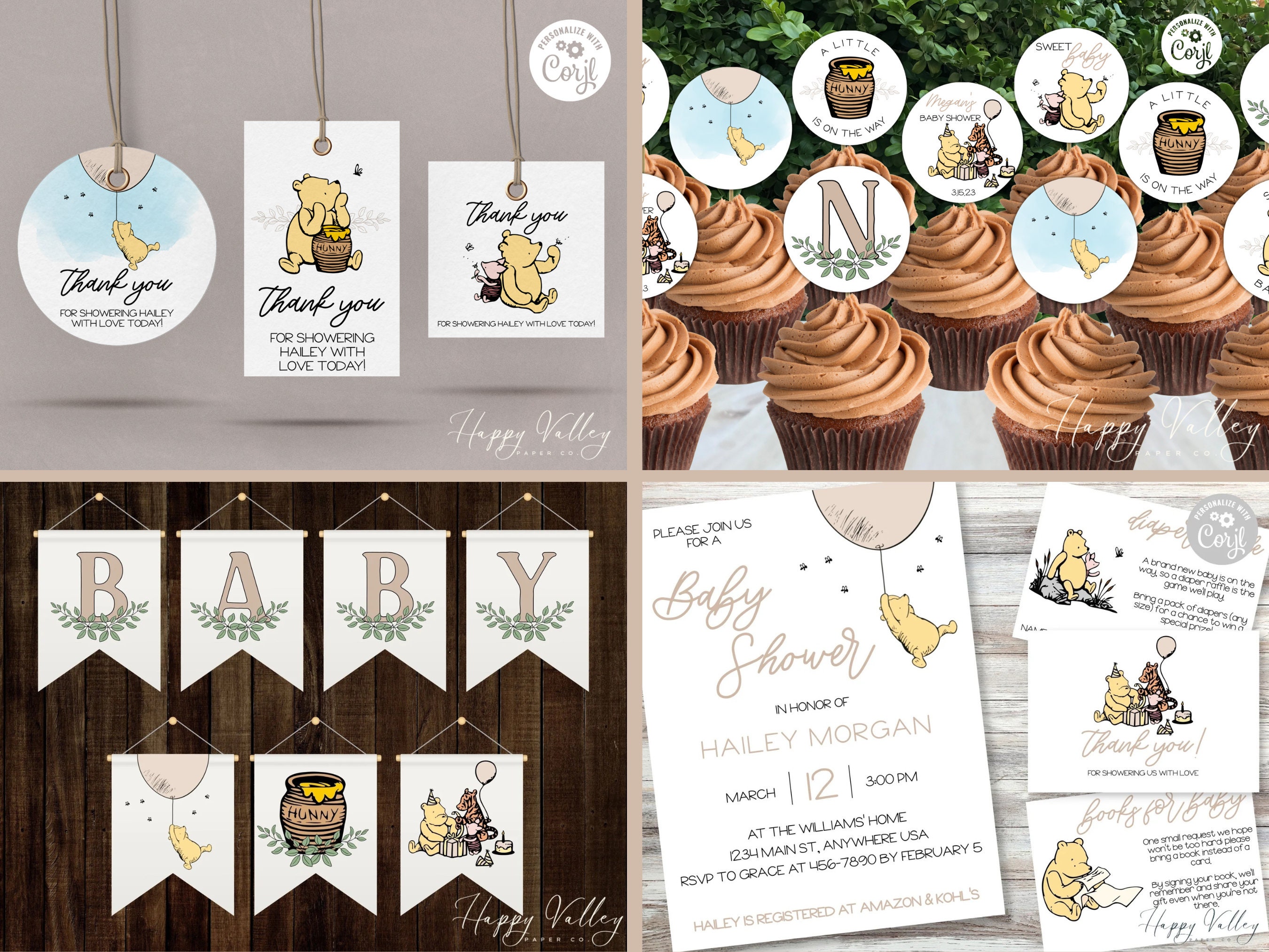 Winnie the Pooh Baby Shower BUNDLE, Bear Baby Shower Templates ...