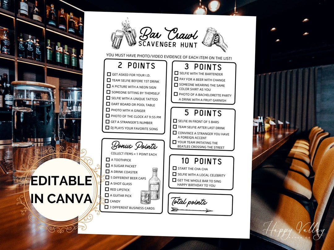 Editable Bar Crawl Scavenger Hunt: Bachelor Party Game (digital ...