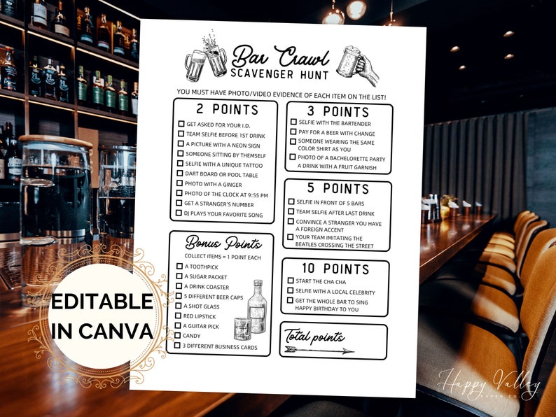 Editable Bar Crawl Scavenger Hunt: Bachelor Party Game (digital ...