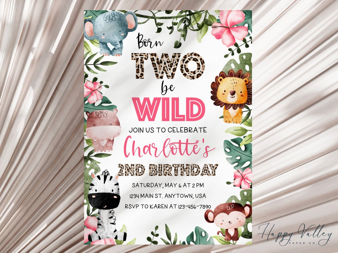 Born Two Be Wild Birthday Invitation, 2nd Birthday Girl Invitation ...