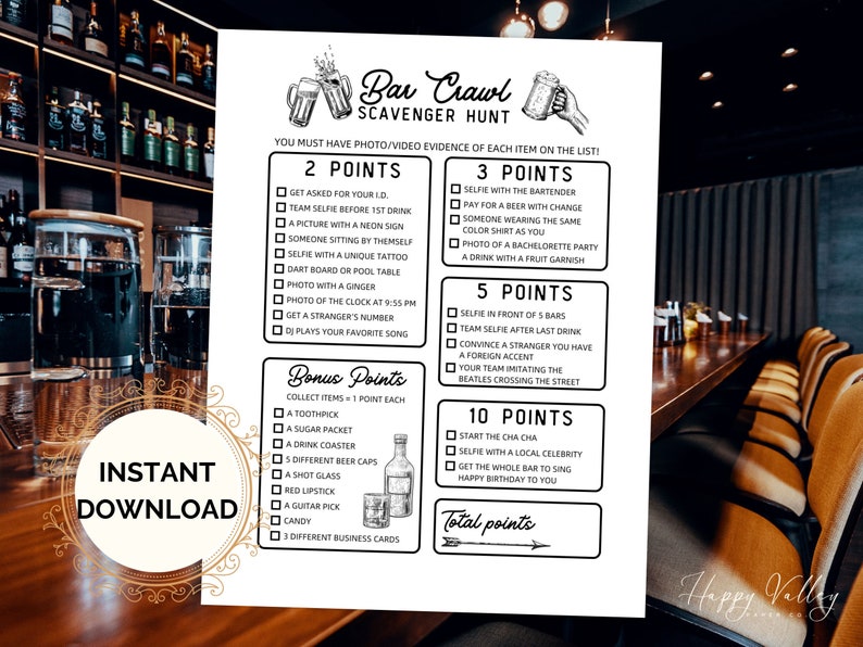 Bar Crawl Scavenger Hunt, Fun Guys Night Games, Vintage Bachelor Party ...