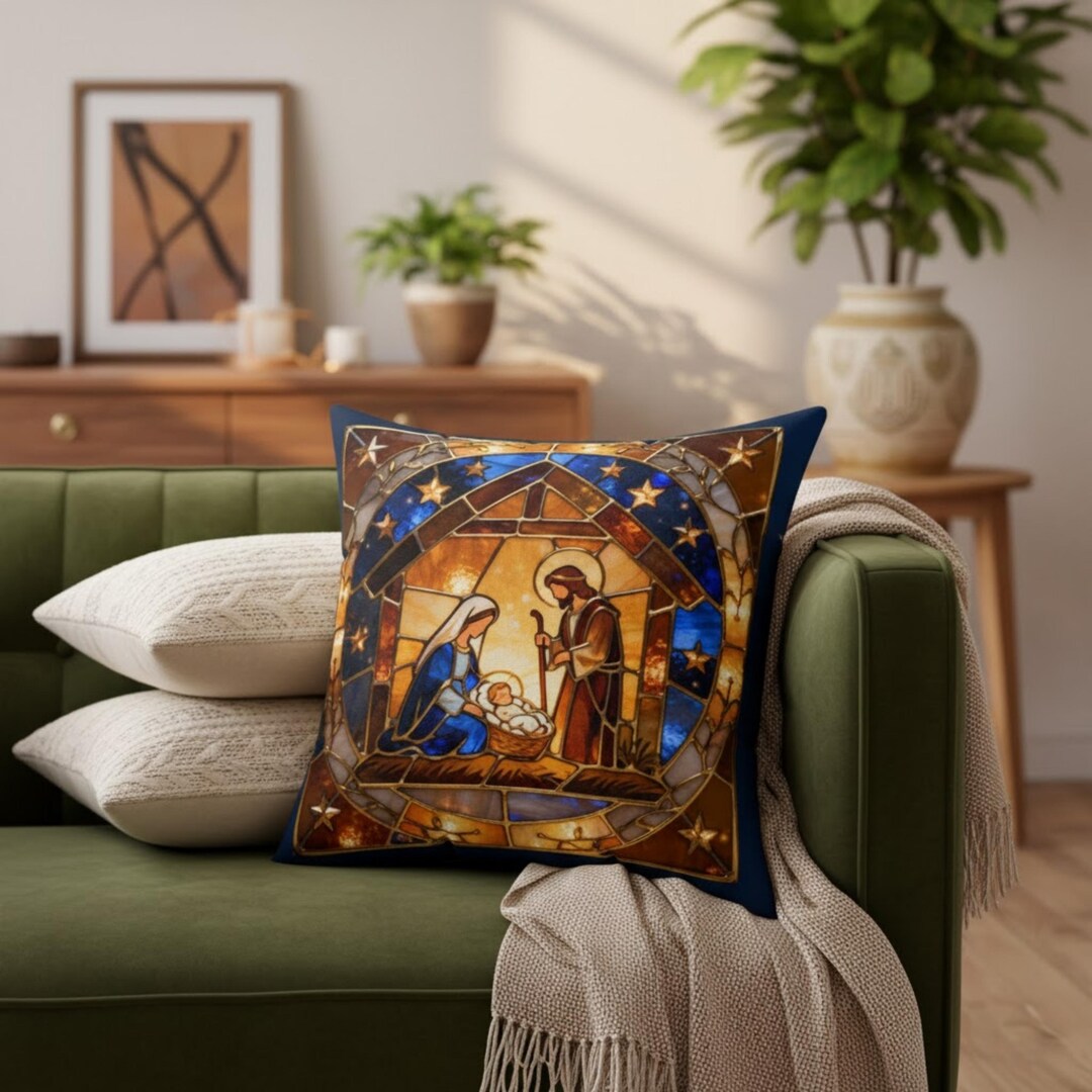 Faux Stained Glass Nativity Pillow Cover, Holy Family Christmas Throw ...