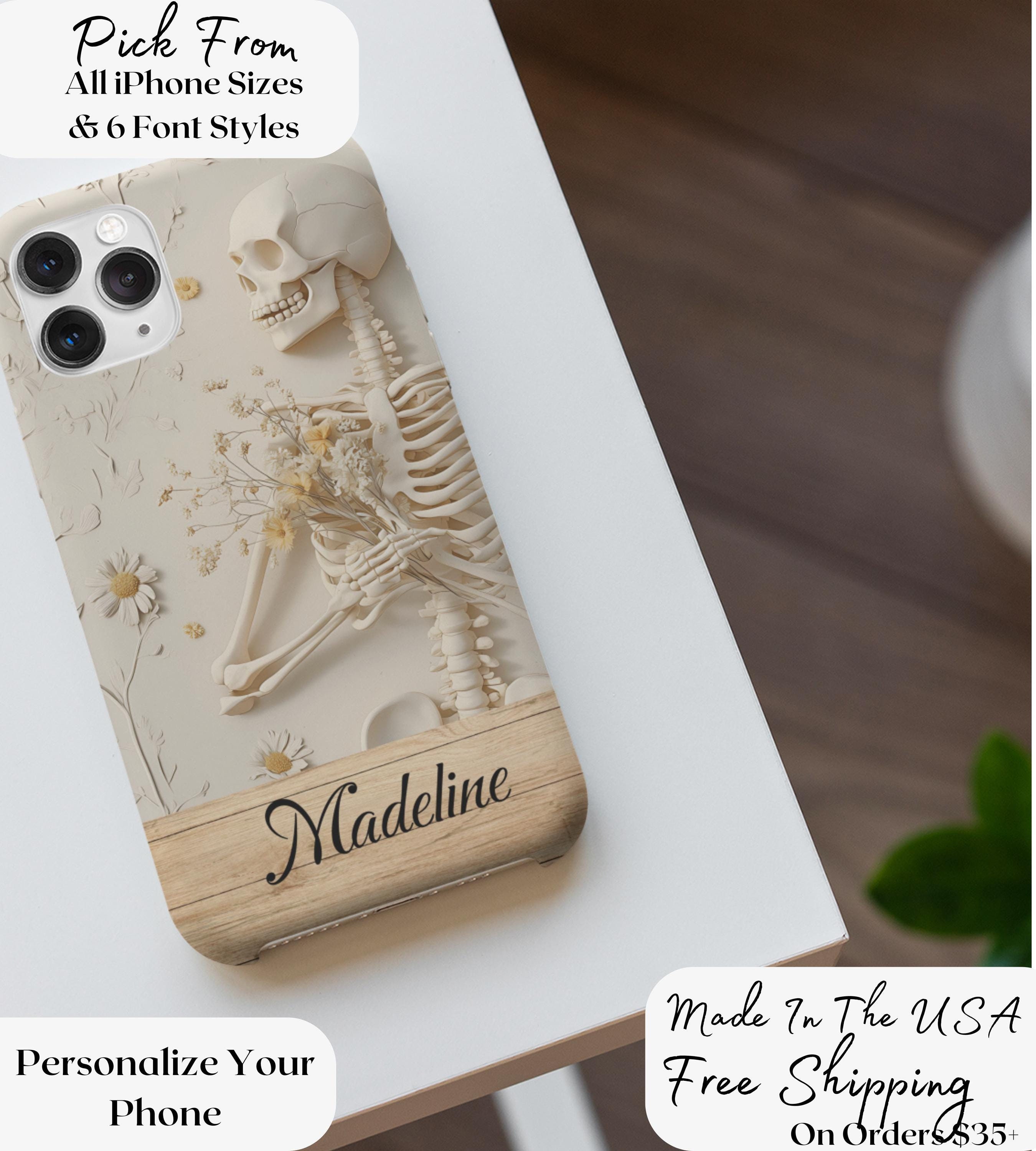 Vintage Skeletons in Bloom iPhone Case Personalized, Cute Spooky 3D ...