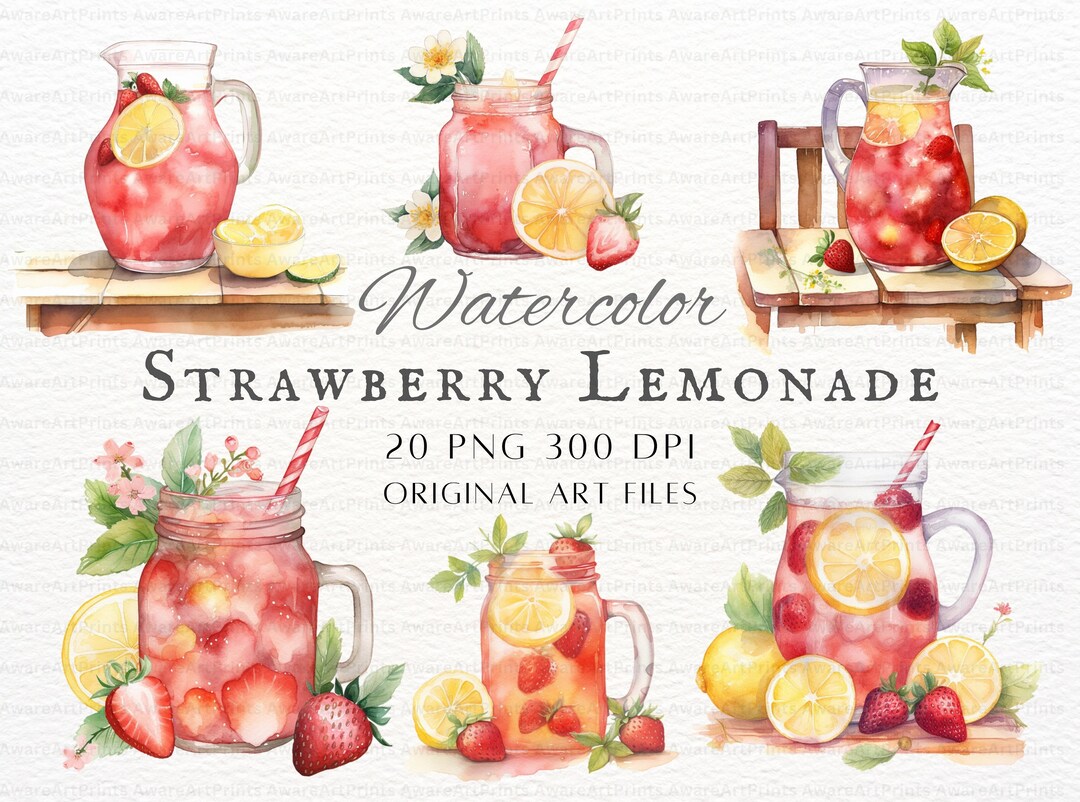 Watercolor Strawberry Lemonade 20pc PNG & JPEG | Spring Lemonade PNG ...