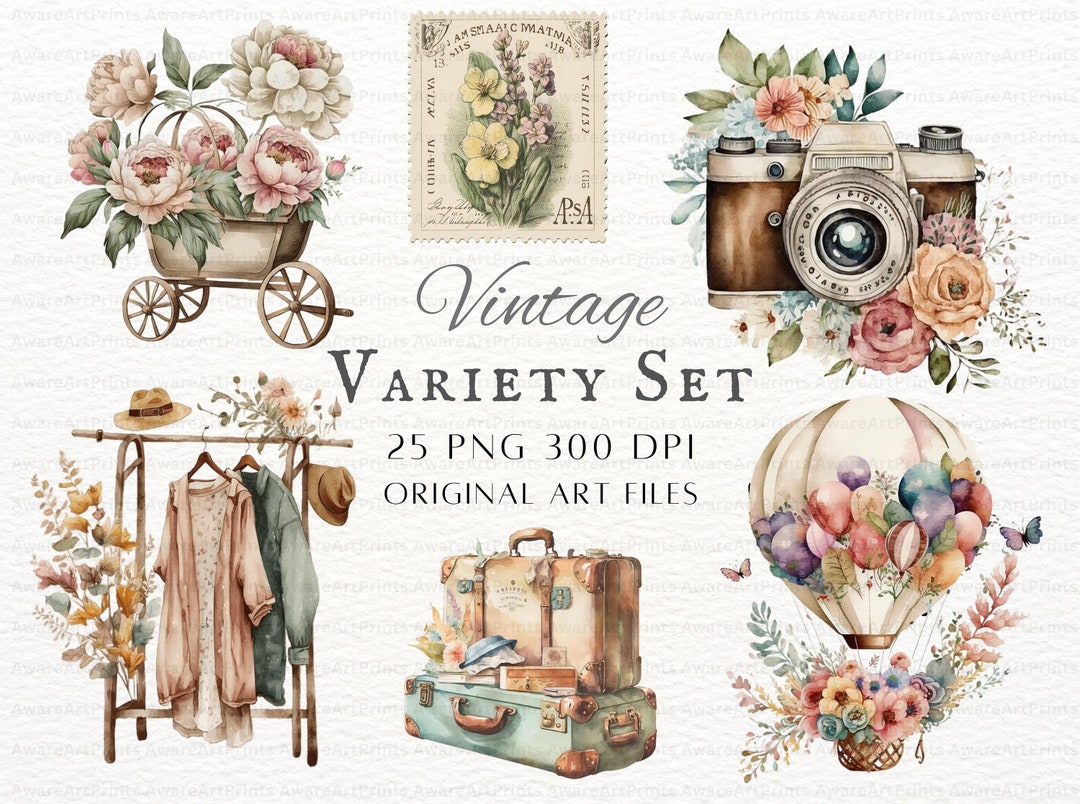 Vintage Watercolor 25pc Variety Sample Bundle PNG & JPEG | Vintage PNG ...