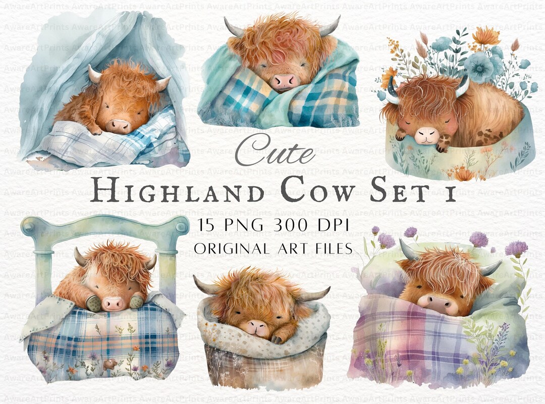 Cute Highland Cow 15pc PNG & JPEG Set 1 | Sleeping Highland Cow ...